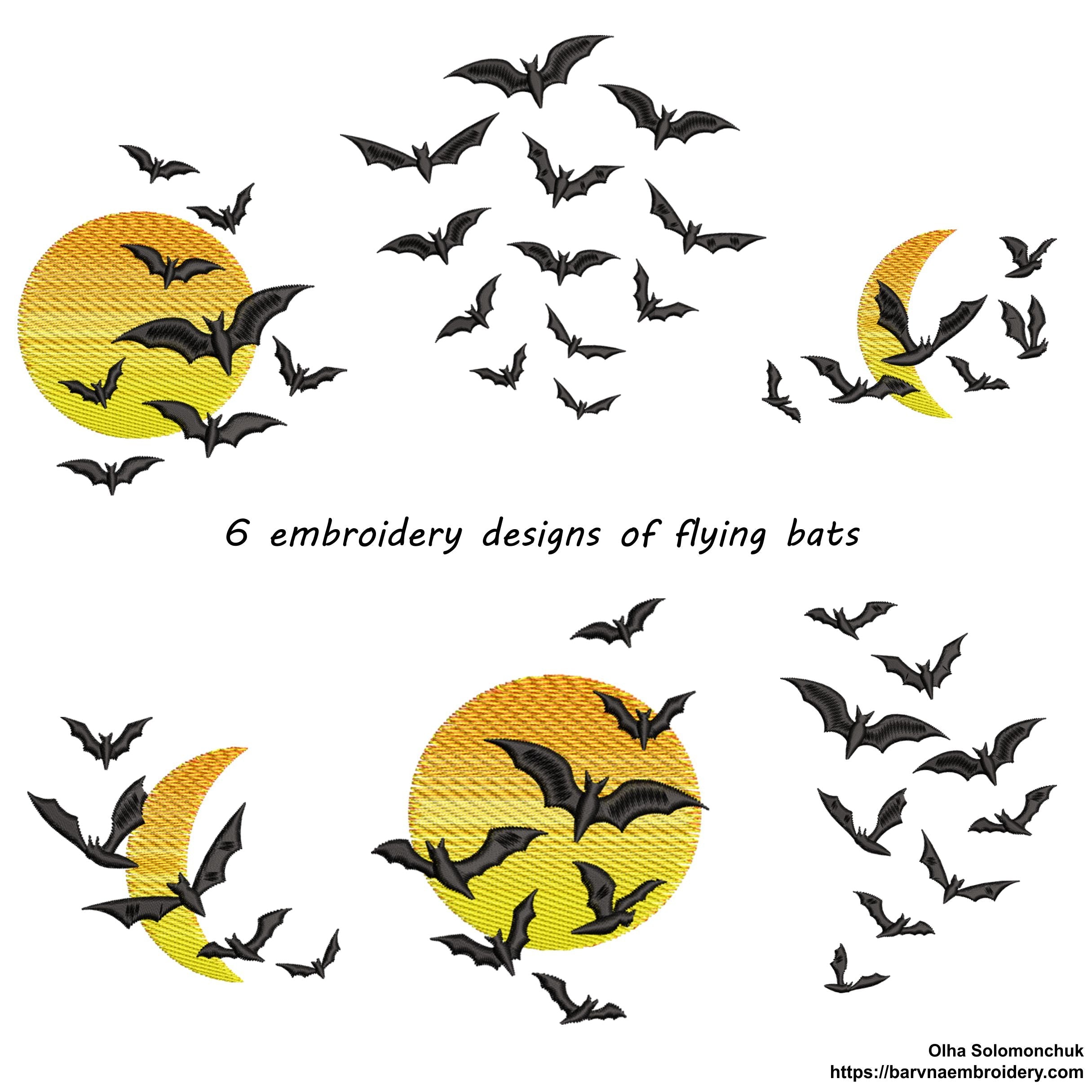 6 embroidery designs of flying bats, Halloween embroidery designs ...